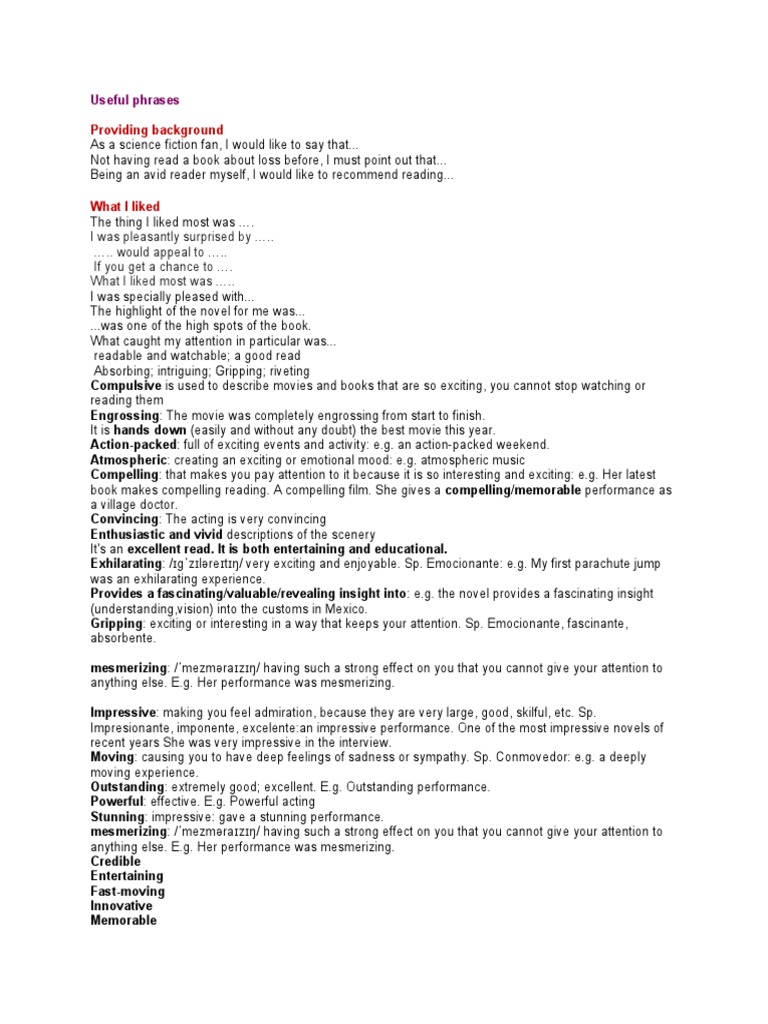 Writing Reviews Phrases | PDF