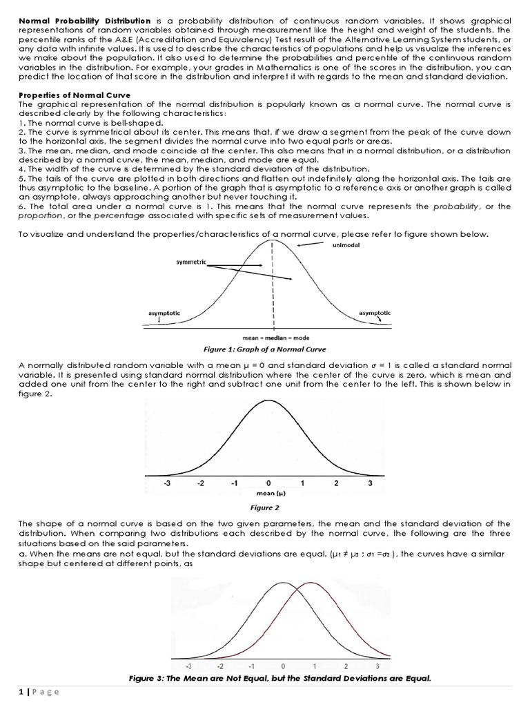 Handouts Normal Probability Distribution Is A Probability Distribution of Continuous Random ...