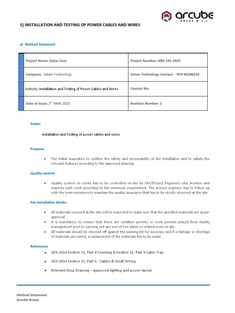 Power Cable Installation Method Statement | PDF | Personal Protective ...