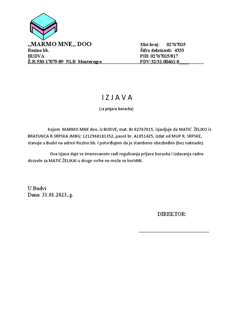 Izjava Stanodavca - Blanko | PDF