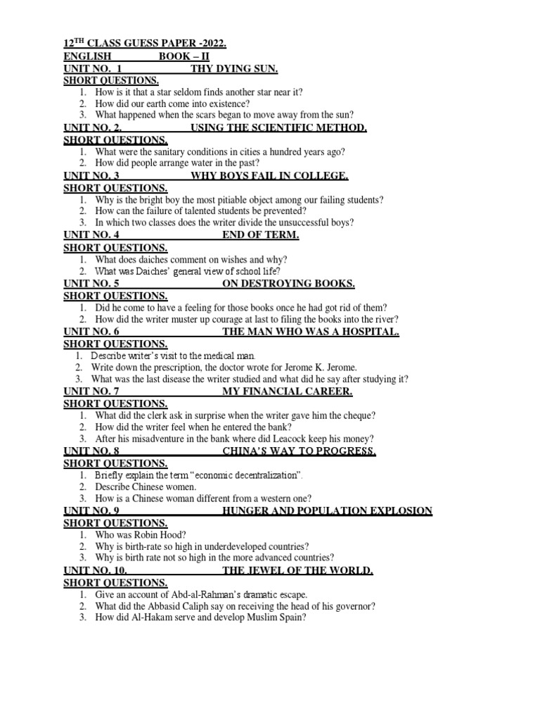 Intermediate Part II English Guess Paper | PDF