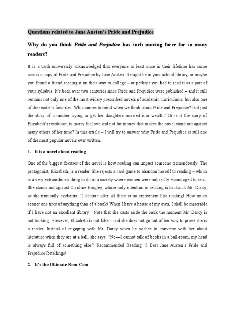 Questions Related To Jane Austen | PDF | Pride And Prejudice | Mr. Darcy