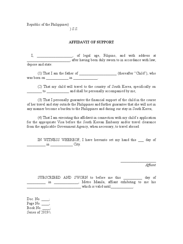 Affidavit of Financial Support for Child's Travel to South Korea | PDF
