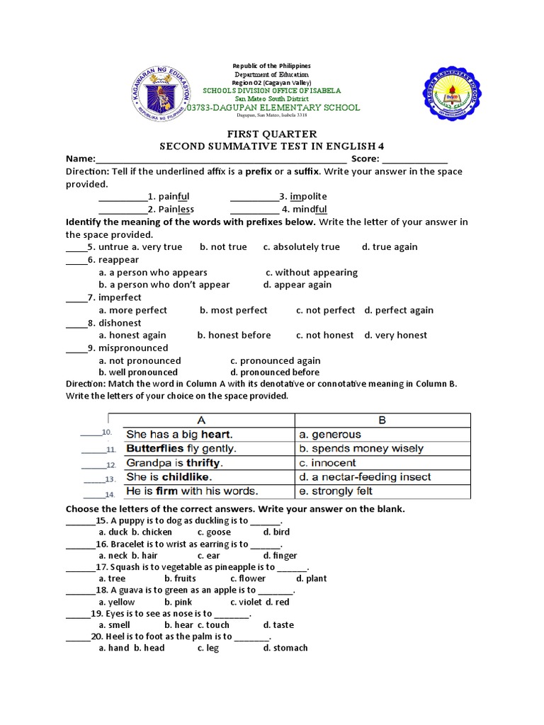 Second Summative 1st Quarter 2020 2021 | PDF | Adjective | Linguistics
