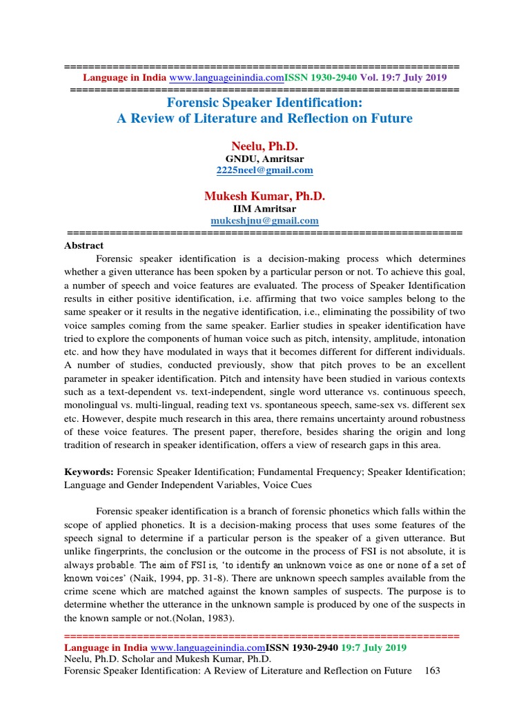 Forensic Speaker Identification: A Review of Literature and Reflection ...