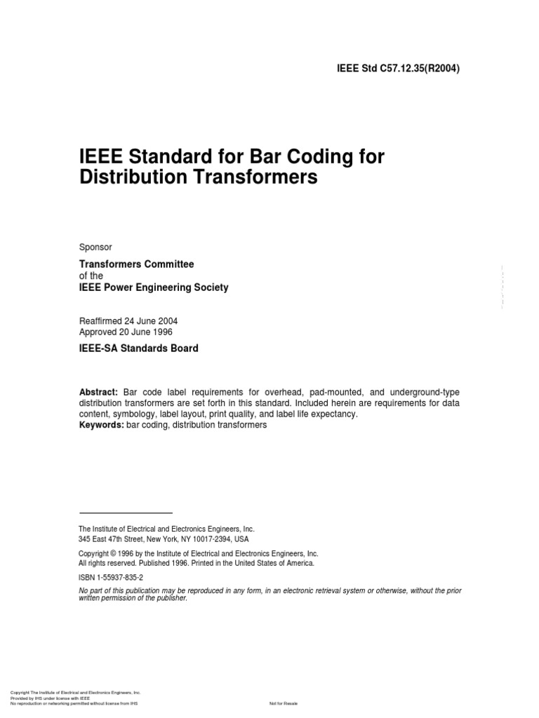 IEEE Standard For Bar Coding For Distribution Transformers: IEEE STD C57.12.35 (R2004 ...