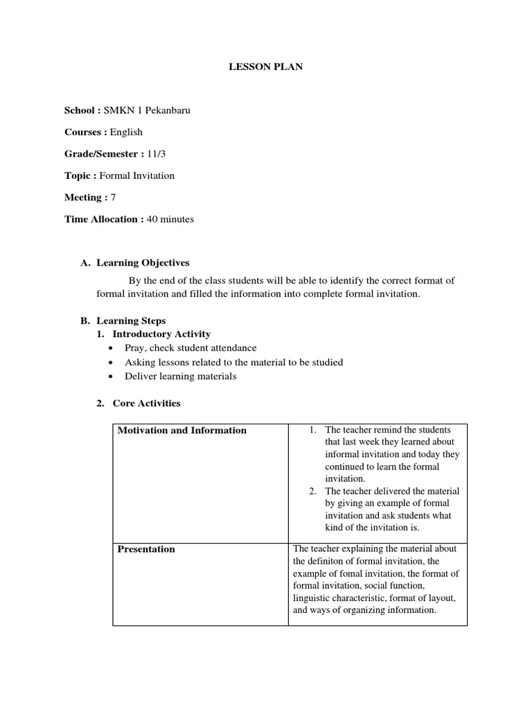 Lesson Plan (Invitation) | PDF | Educational Assessment | Teachers