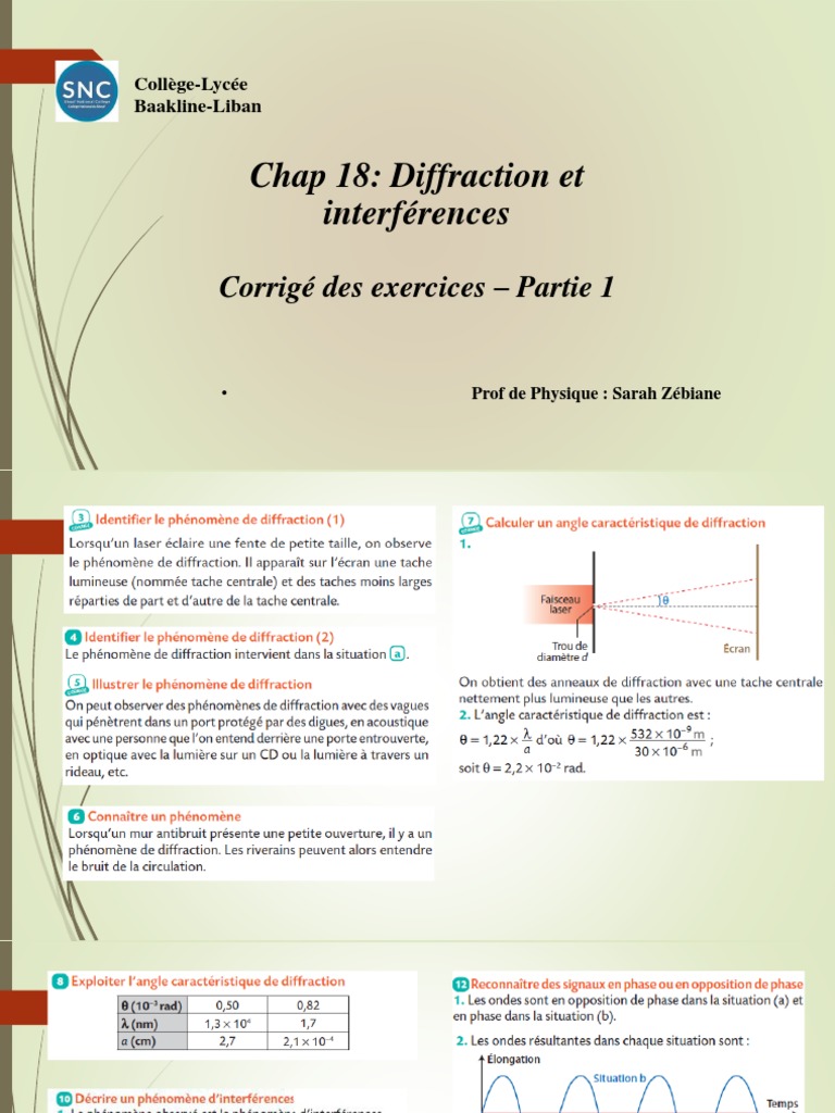 Chap 18 - Diffraction Et Interférences - Corrigé Des Exercices | PDF