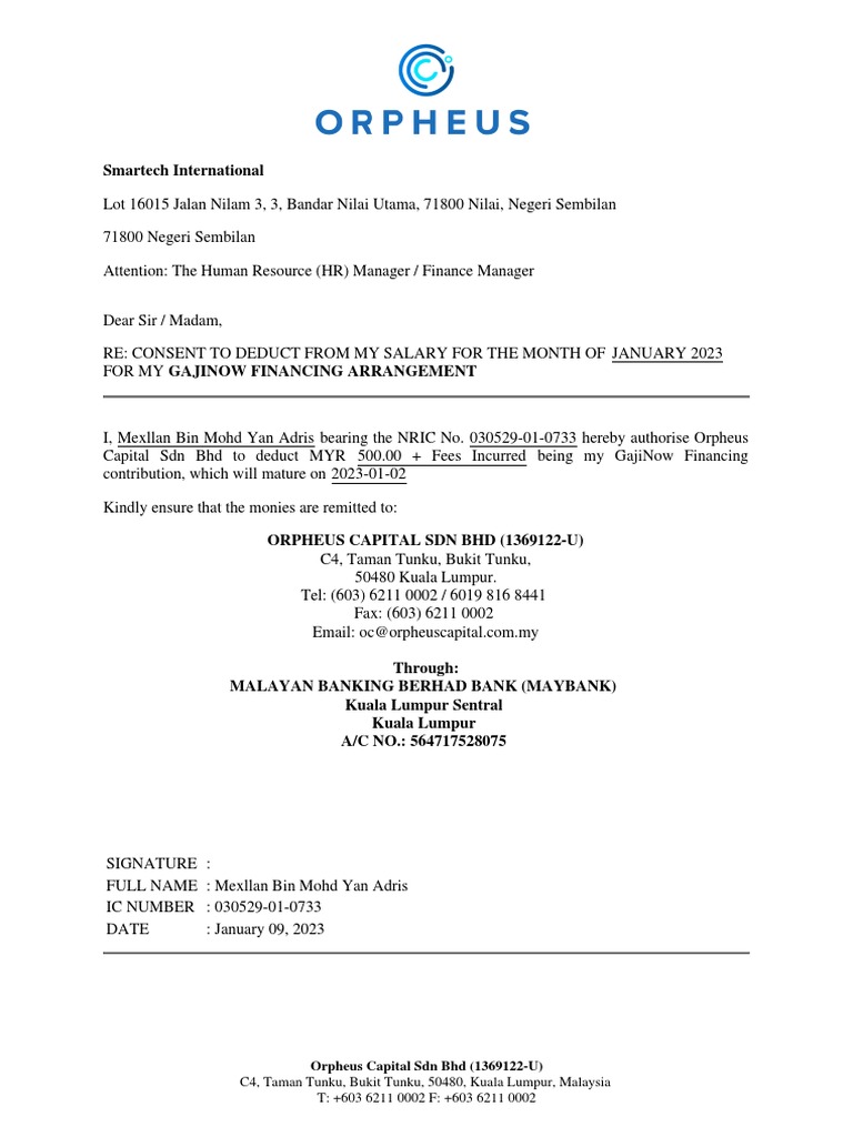 Salary Deduction Consent Letter - (2212273YJM) | PDF