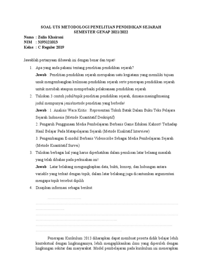 Uts Metodologi Penelitian Pendidikan Sejarah | PDF | Karier & Perkembangan