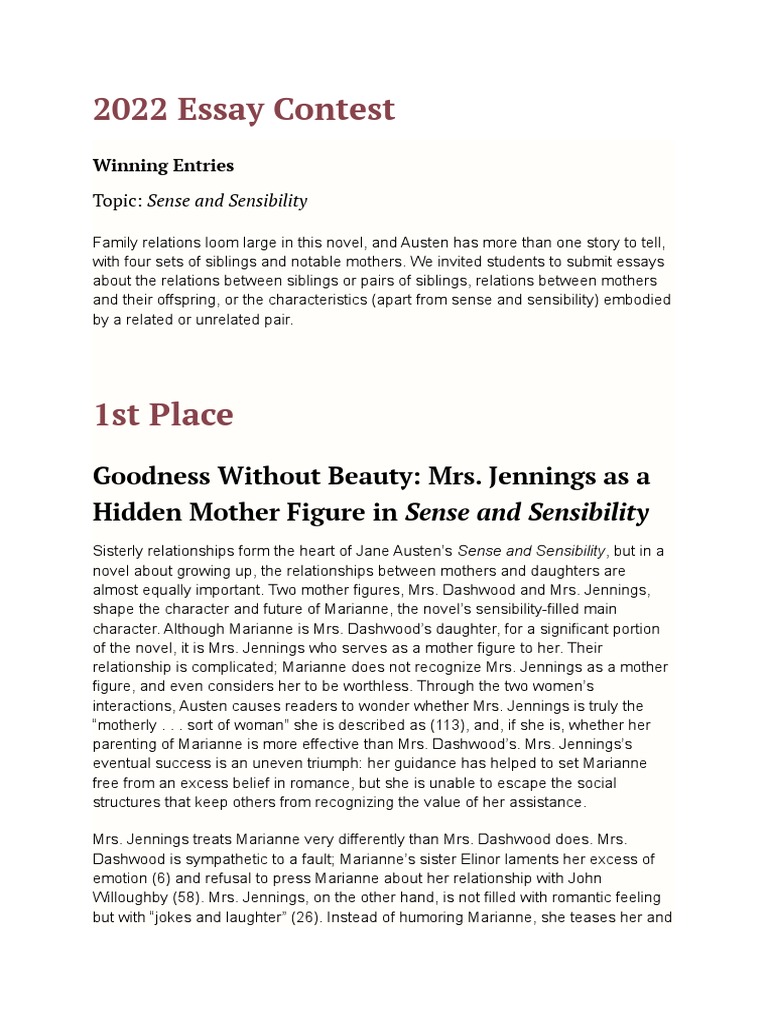 Sense and Sensibility Essay Contest Winners | PDF | Elinor Dashwood ...