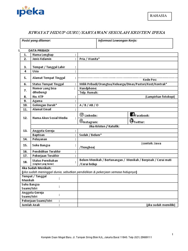 Form Riwayat Hidup IPEKA | PDF
