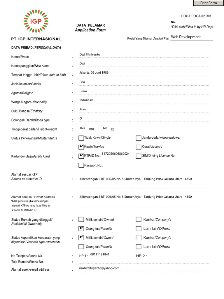 Formulir Data Pelamar PT IGP Non Email | PDF