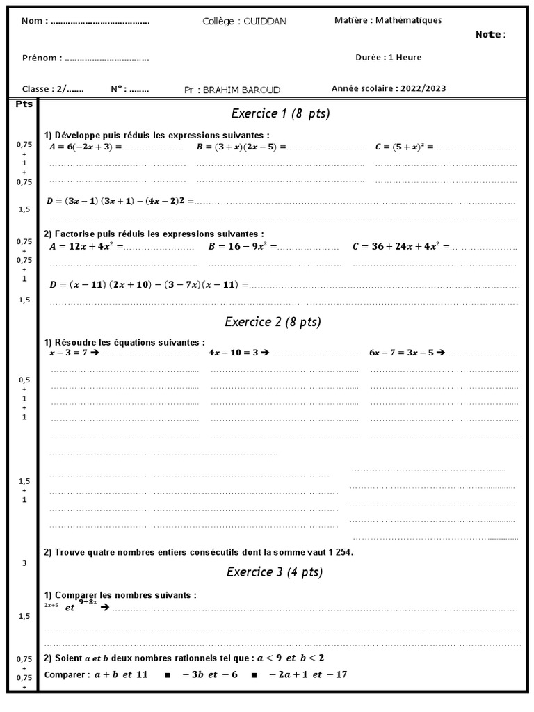 Devoir 1 Modele 4 Mathematiques 2ac Semestre 2 | PDF