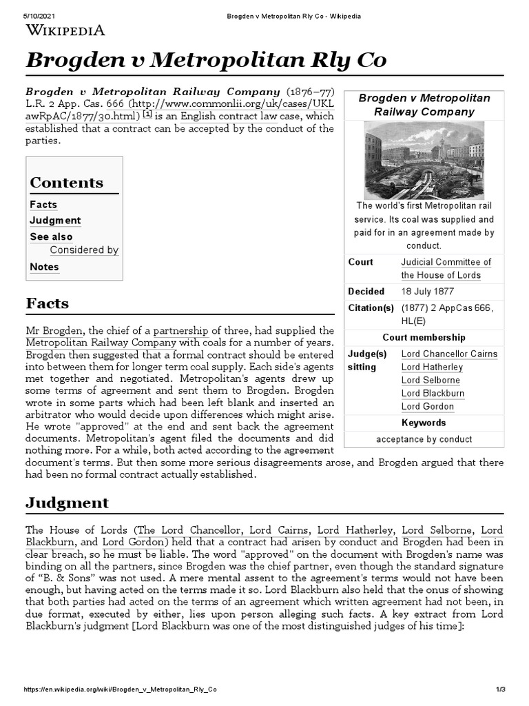 Brogden V Metropolitan Rly Co - Wikipedia | PDF | Justice | Crime ...