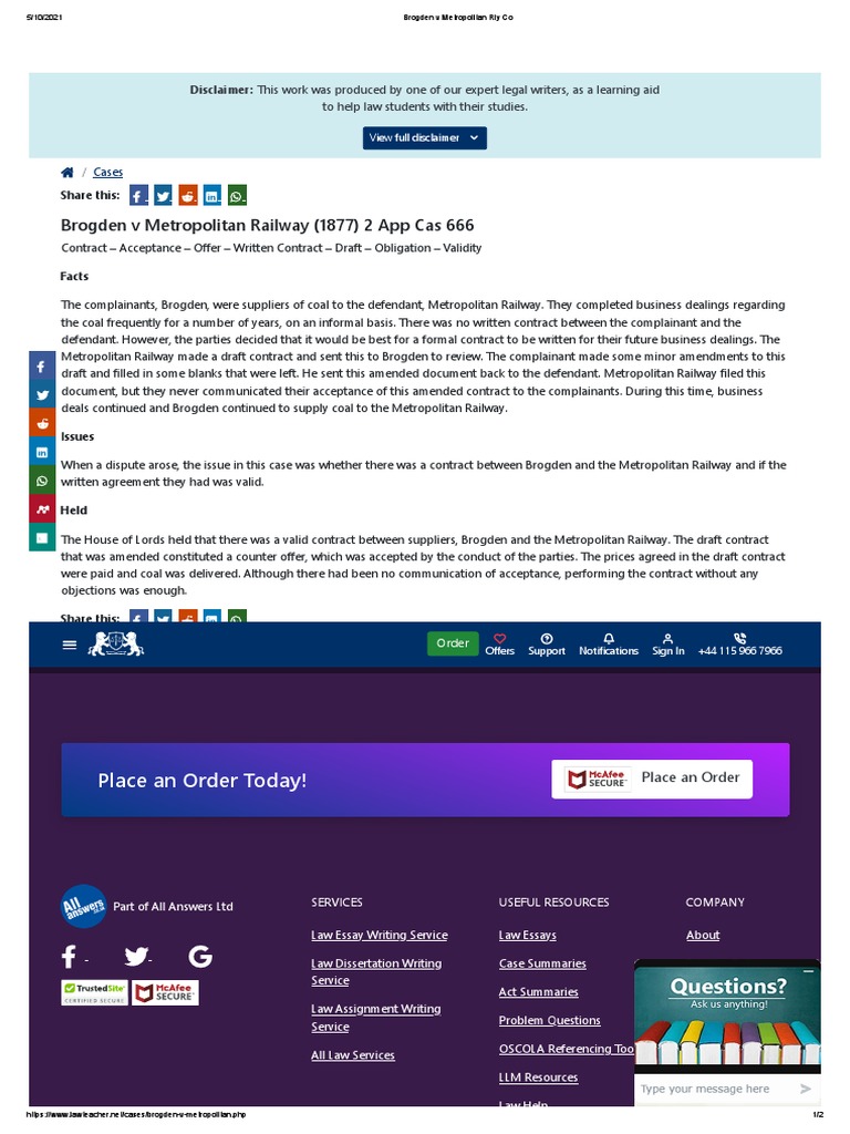 Brogden V Metropolitan Rly Co | PDF | Private Law | Business Law