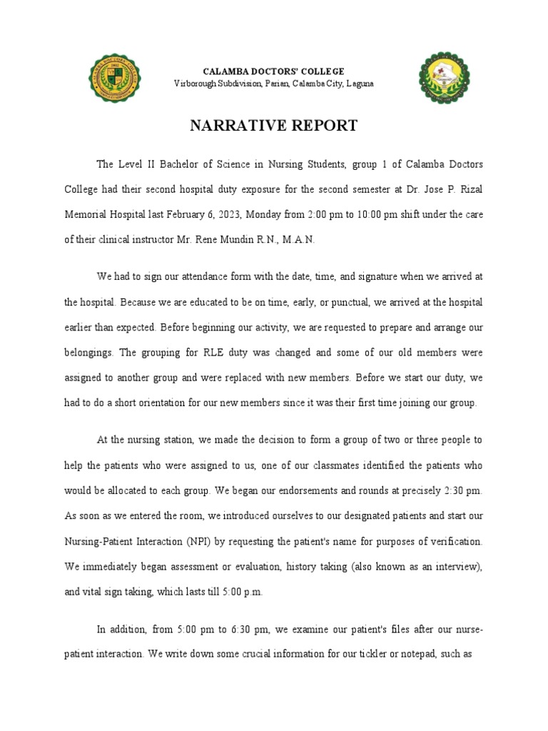 Narrative Report Day 2 | PDF | Patient | Nursing