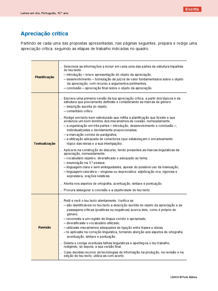 Ldia10 Ficha Escrita Apreciacao Critica | PDF | Crítica | Portugal