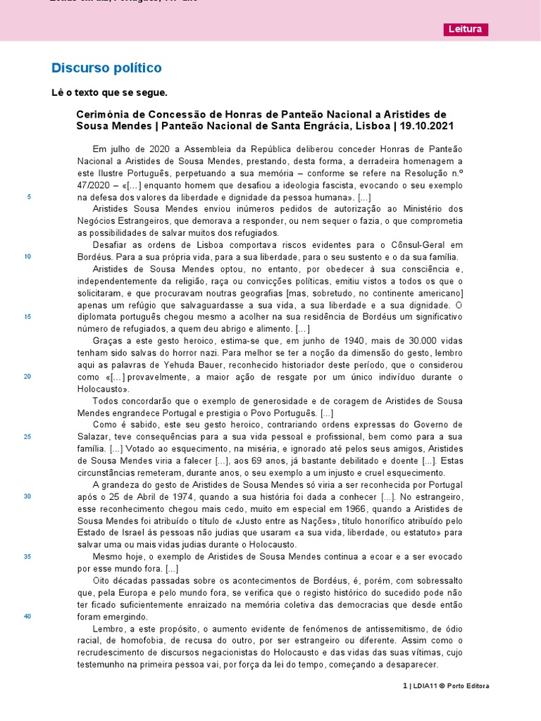 Ldia11 Ficha Leitura Discurso Politico 1 - Cópia | PDF | Clássicos