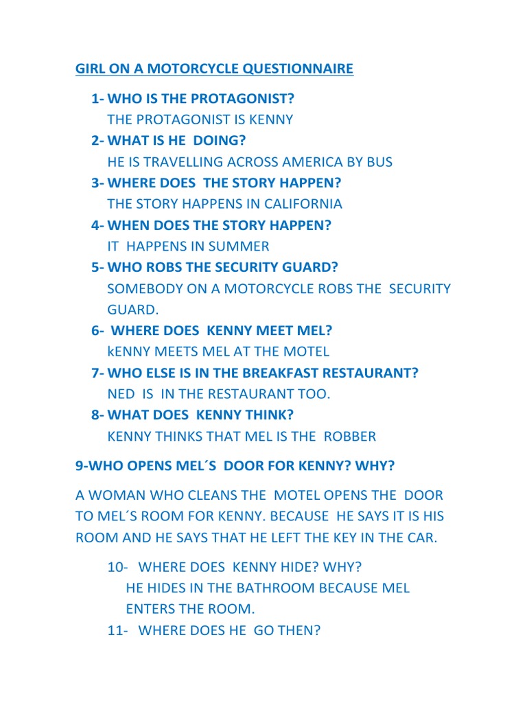 Girl On A Motorcycle Questionnaire | PDF