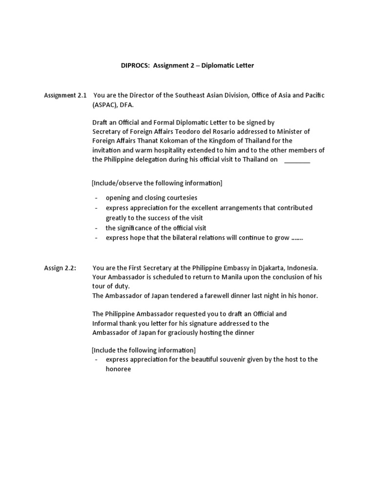 Diprocs - Assignment 2 - Diplomatic Letter by Deles | PDF | Ambassador ...