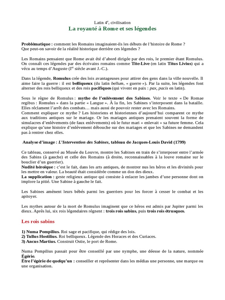 Latin 4e, Légendes de La Royauté Romaine 11 | PDF | Romulus et Rémus ...
