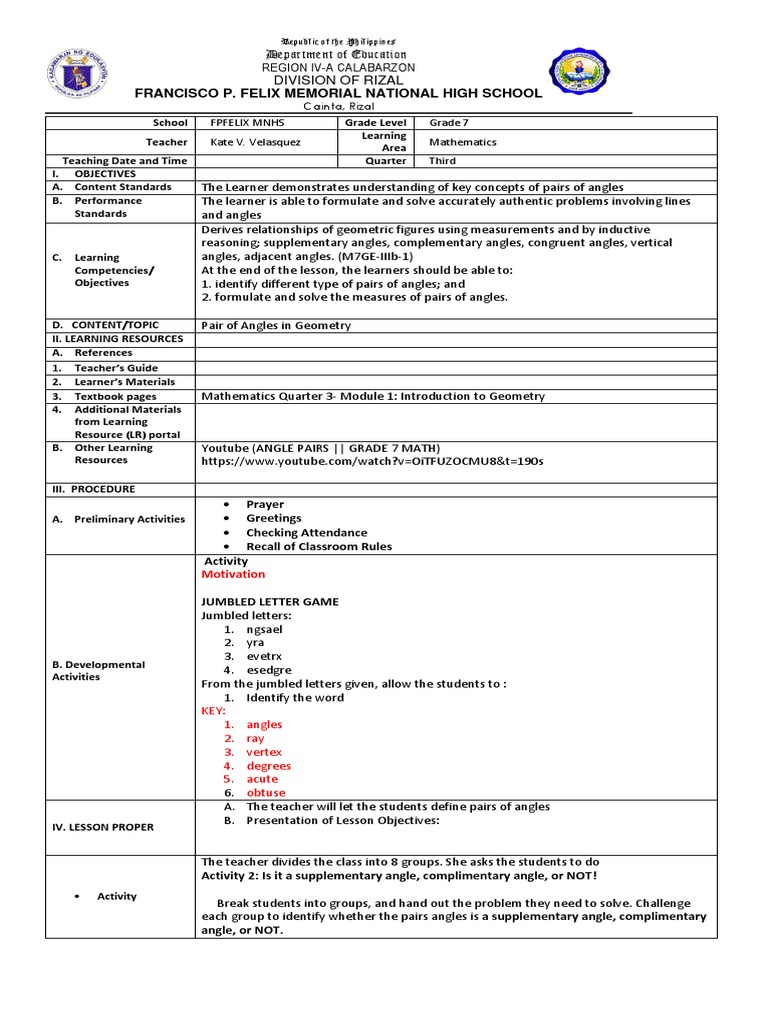 Lp-4a's (Pairs of Angles) | PDF | Angle | Learning