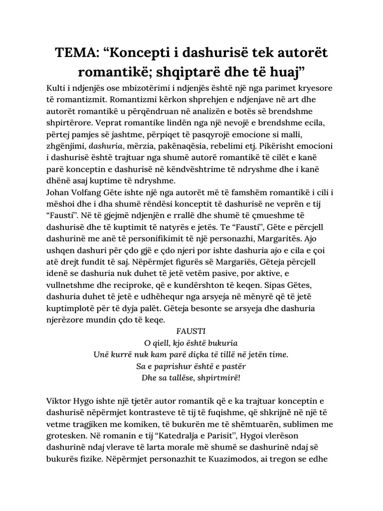 TEMA - "Koncepti I Dashurisë Tek Autorët Romantikë Shqiptarë Dhe Të ...
