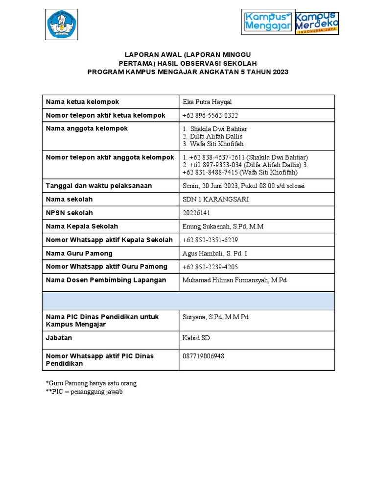 Laporan Awal KM5 SDN 1 KARANGSARI | PDF