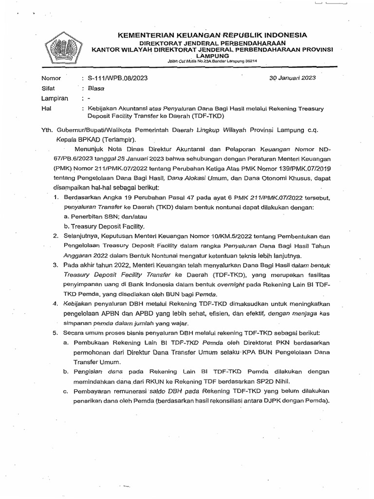 Surat Menkeu Ke KDH Terkait Penyaluran DBH Melalui TDF-TKD | PDF | Pengelolaan Keuangan & Uang