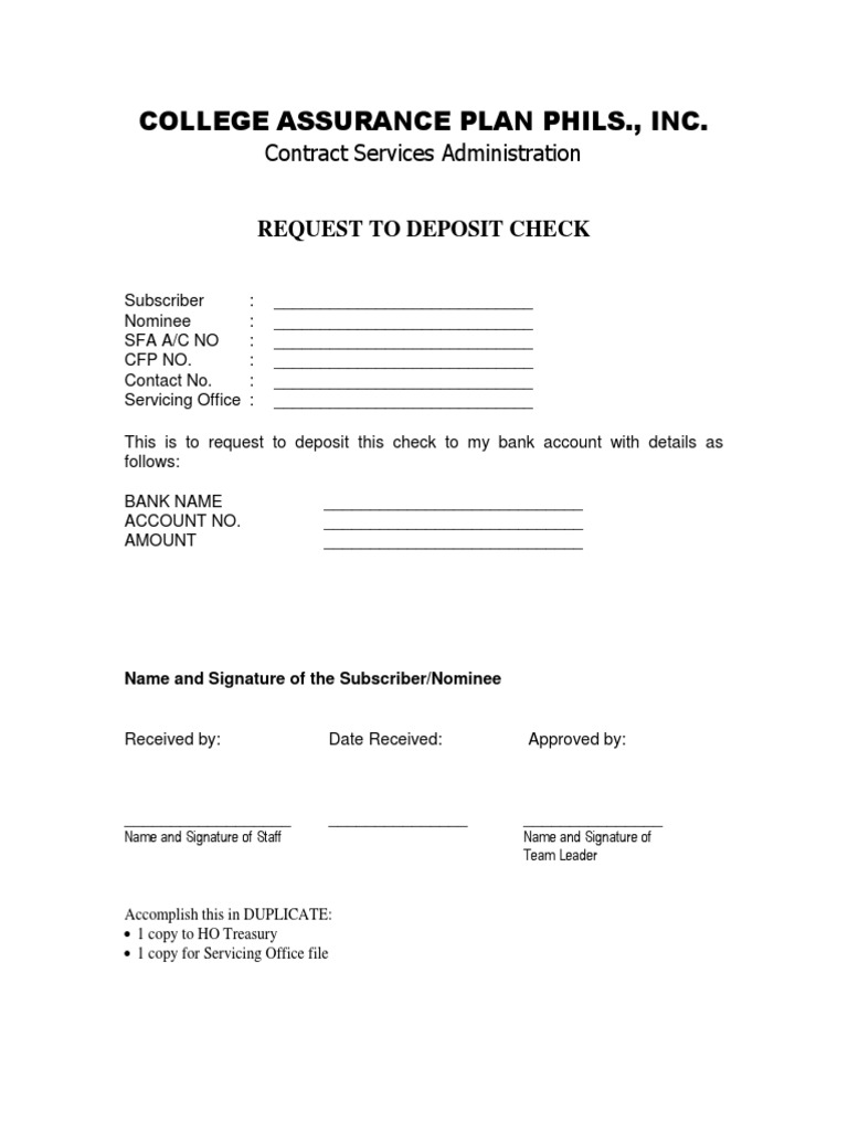 Check Deposit Request Form Template | PDF