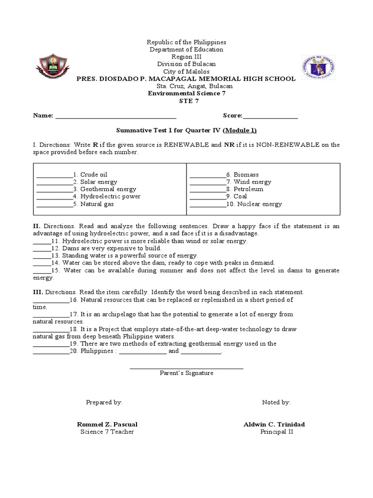 Suumative Test in Envi Sci. Quarter IV Module 1 4 | PDF | Energy ...