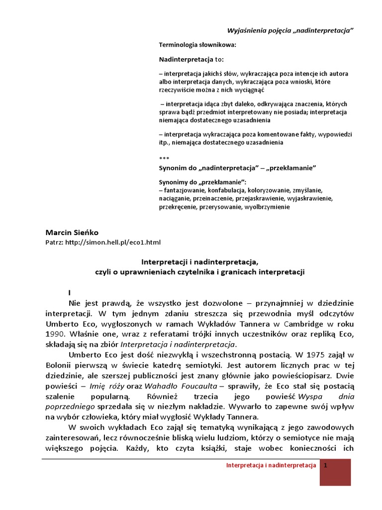 Interpretacja I Nadinterpretacja | PDF