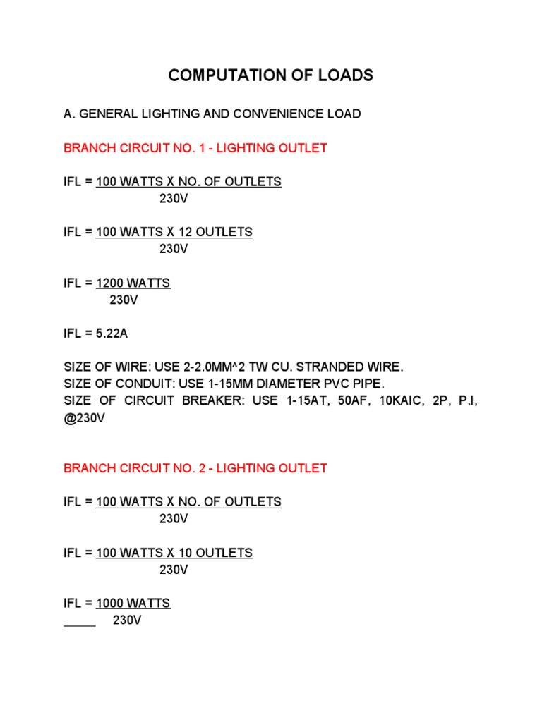 Computation of Loads and Sizing of Wires, Conduits, and Circuit ...