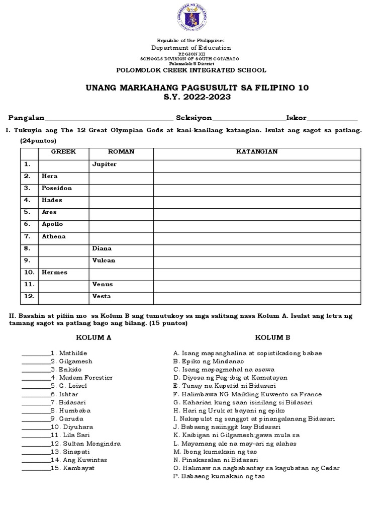 1st Quarter Examination in Fil10 | PDF