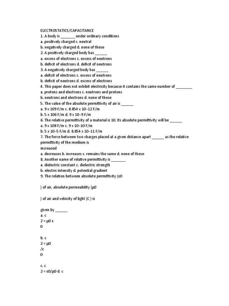 ELECTROSTATICS | PDF | Capacitor | Electric Field