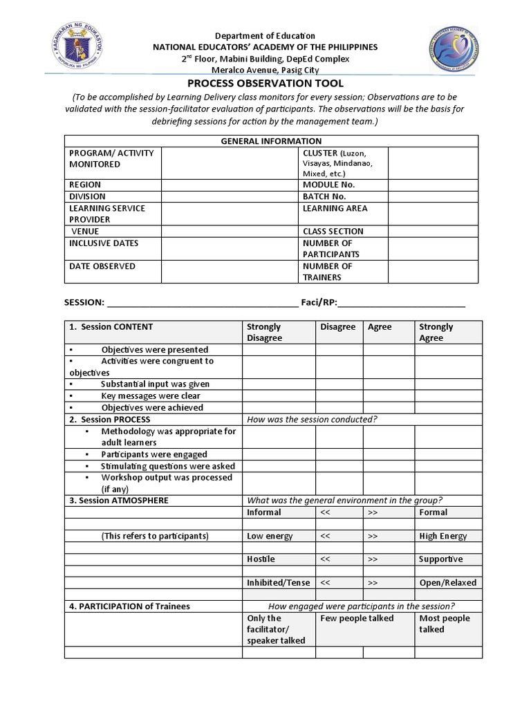 PROCESS OBSERVATION AND ANALYSIS TOOL Standard | PDF | Learning | Cognition
