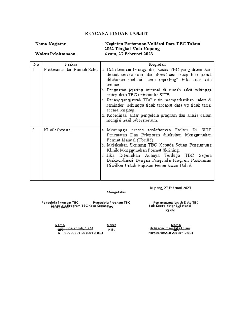 Rencana Tindak Lanjut Kegiatan Pertemuan Validasi Data TBC 2022 | PDF