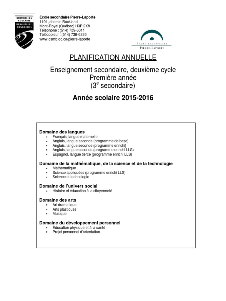 Planification annuelle 3e secondaire 2015-2016 | PDF | Langue anglaise ...