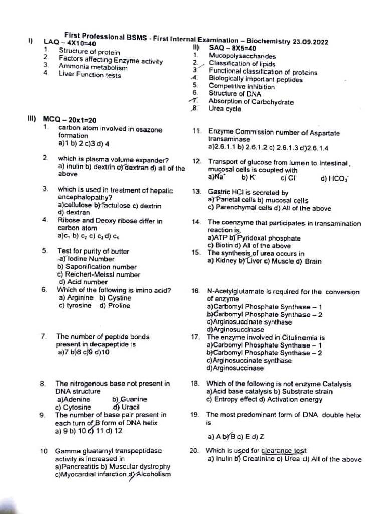Biochemistry Exam Questions and Topics | PDF | Biochemistry | Chemistry