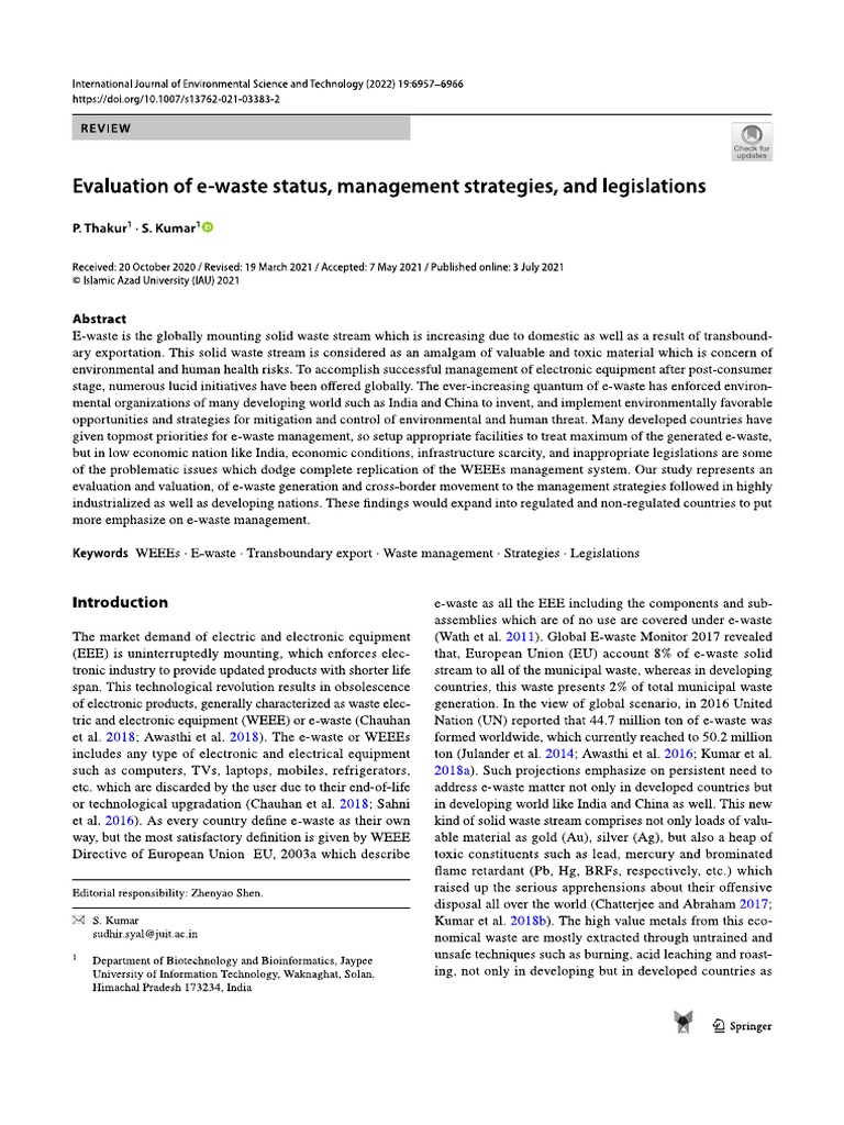 Evaluation of e Waste Status, Management Strategies, and Legislations | PDF