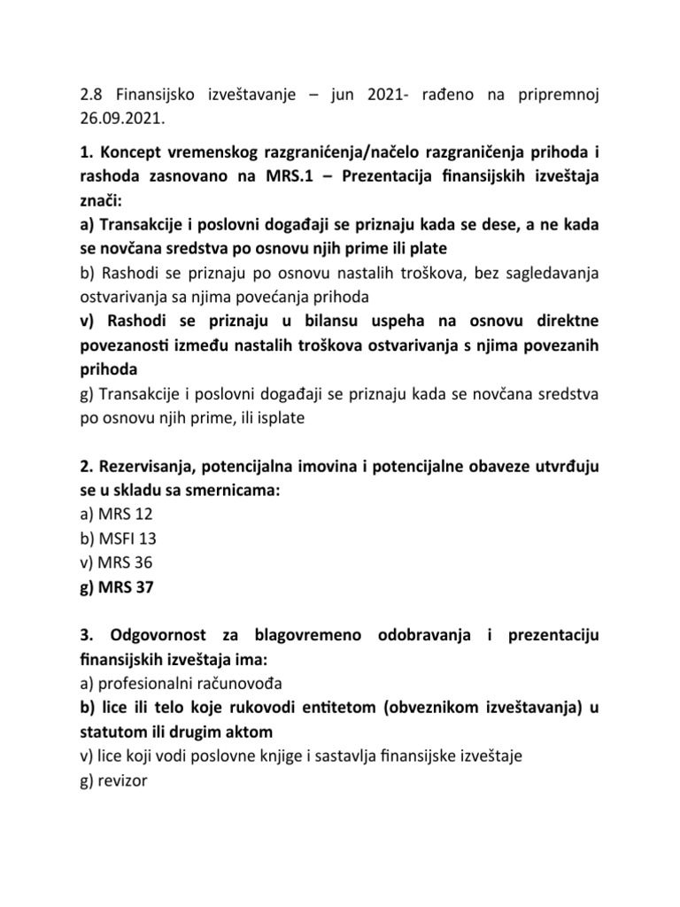 2.8 Finansijsko Izveštavanje Ispit Jun 2021. Pripremna Nastava Septembar 2021. | PDF