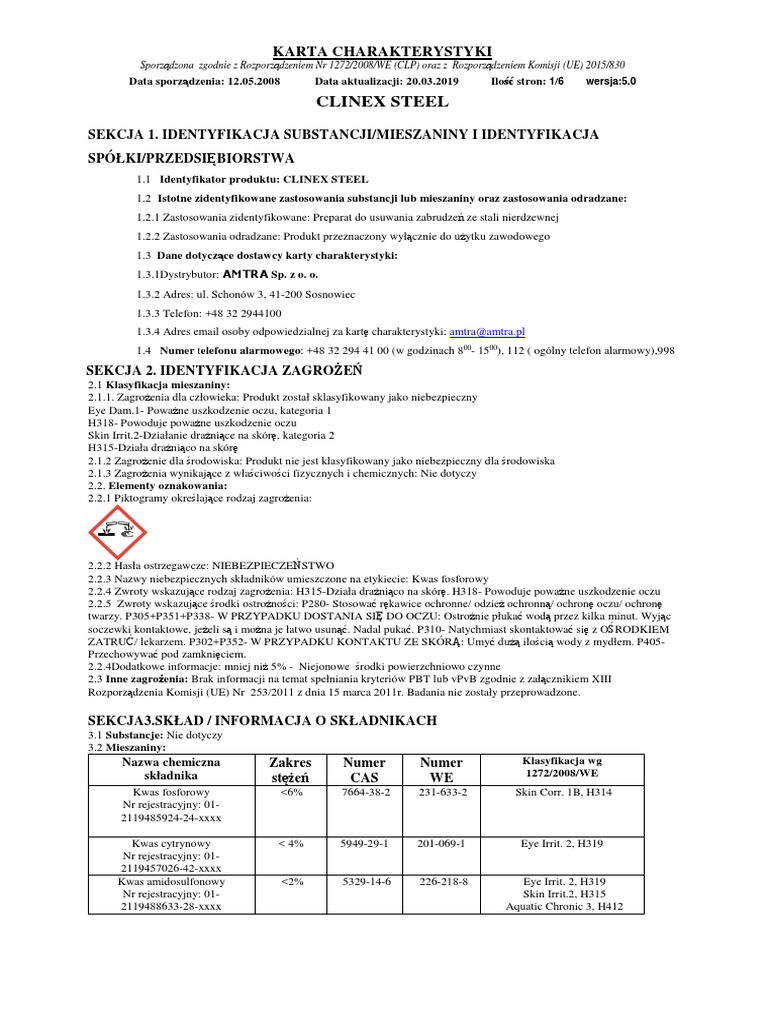 Clinex Gastro Steel, Płyn Do Czyszczenia Stali - Karta Charakterystyki ...