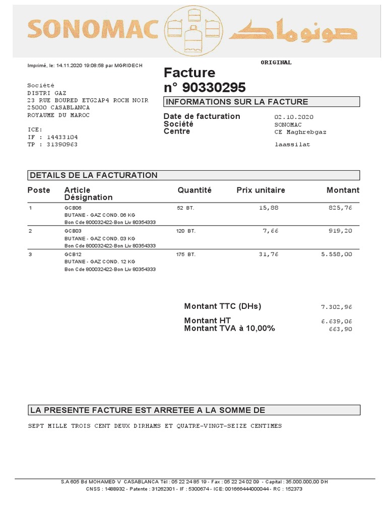 Factures Sonomac Ce Maghreb Gaz Laacilat Octobre 2020 | PDF