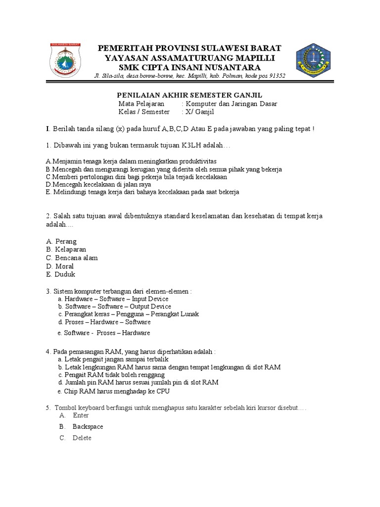 Penilaian Akhir Komputer Kelas X Ganjil | PDF | Komputer | Teknologi ...
