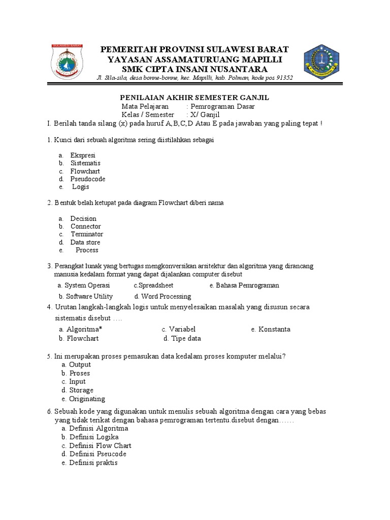 SOAL PAS KLS X Pemrograman Dasar | PDF
