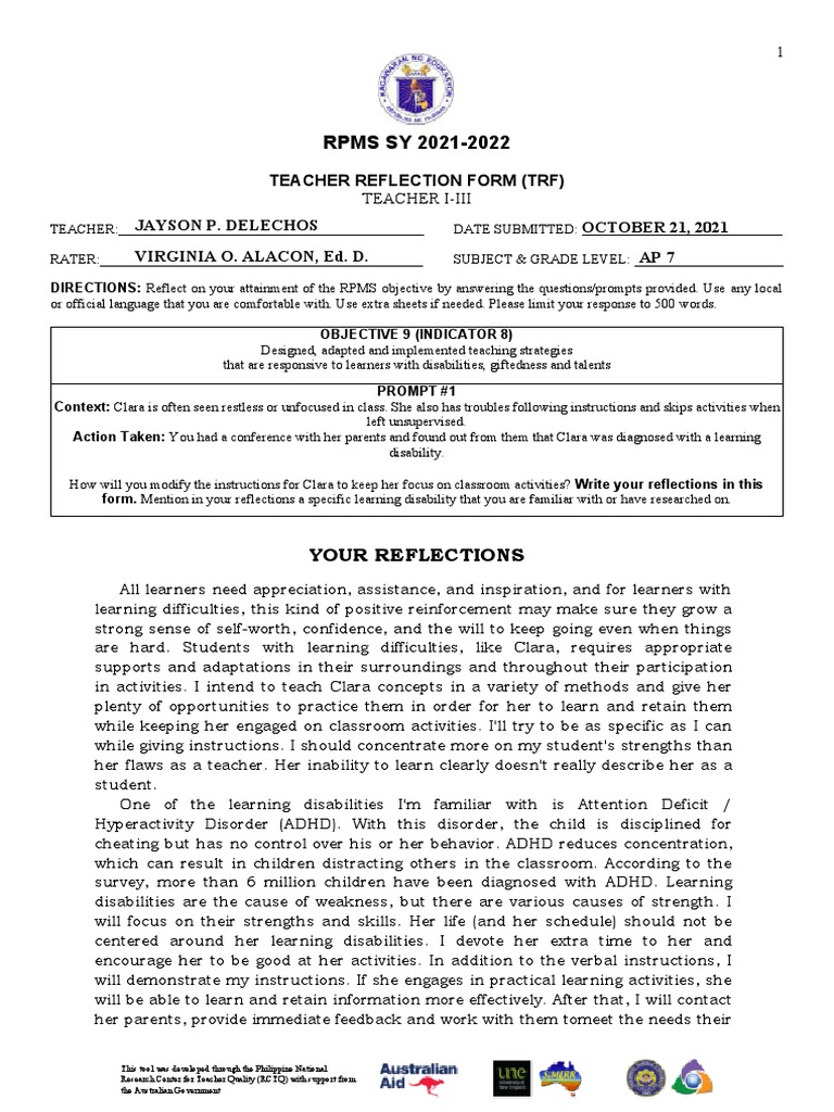 Appendix 4A Teacher Reflection Form For T I III For RPMS SY 2021 2022 ...