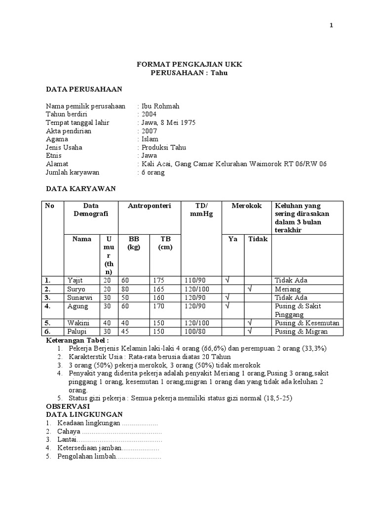 Pengkajian Kesehatan Karyawan Tahu Pdf Kesehatan Holistik