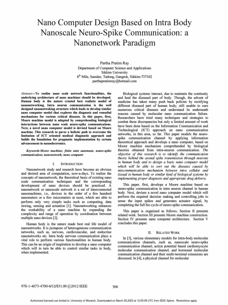 Nano Computer Design Based On Intra Body Nanoscale Neuro-Spike ...