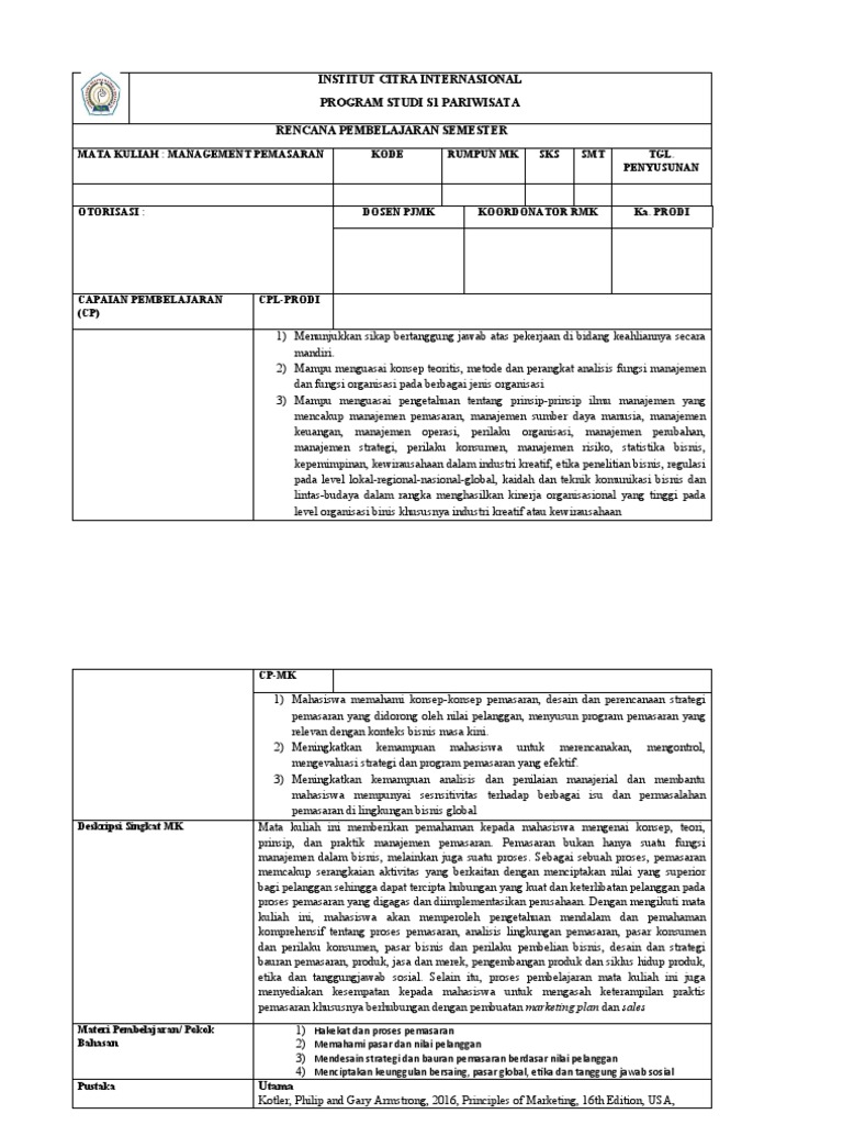 RPS - Manajemen Pemasaran | PDF | Karier & Perkembangan | Bisnis